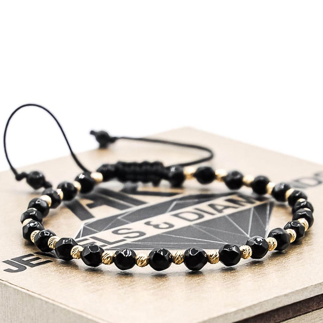 Bratara din snur negru reglabil, AR2700, cu bilute din aur 14K de 2,5 ...