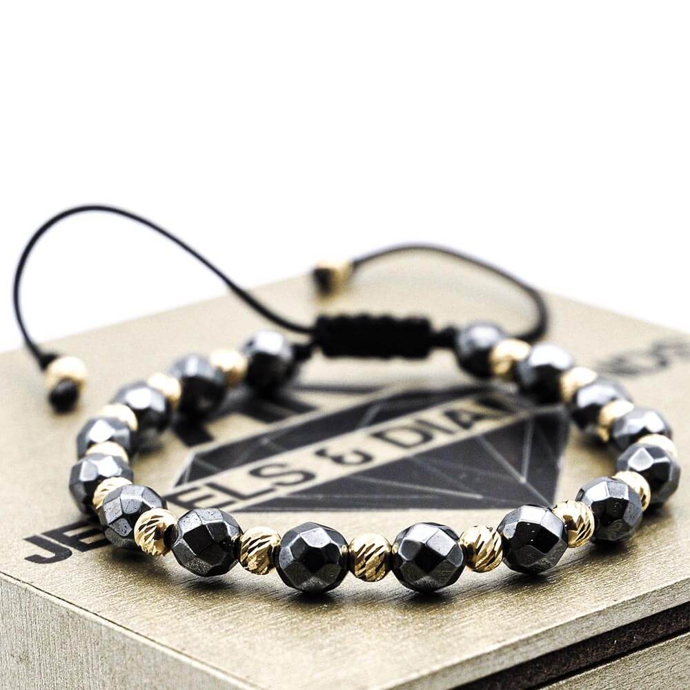 Bratara din snur negru reglabil, AR3346, cu bilute din aur 14K de 4 mm ...